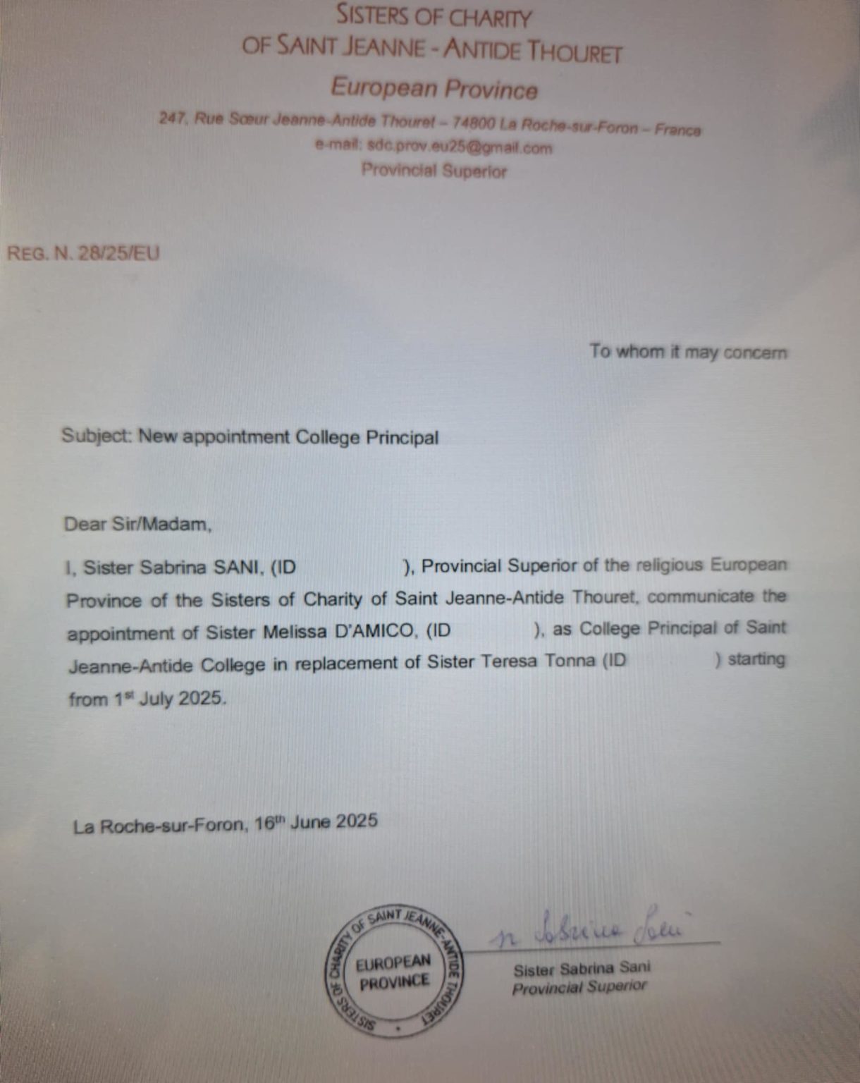 New College Principal | St. Jeanne Antide College